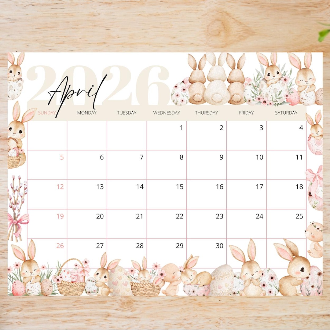 Calendrier d'avril 2026 modifiable, agenda de lapin de Pâques ...