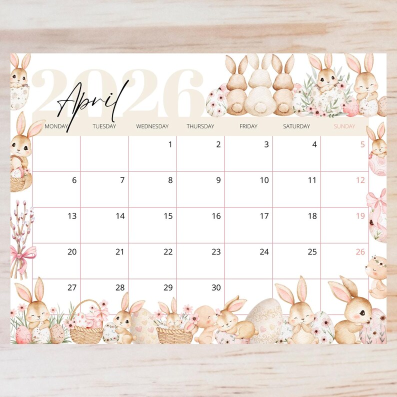 Editable April 2026 Calendar, Easter Bunny Planner (instant Download ...