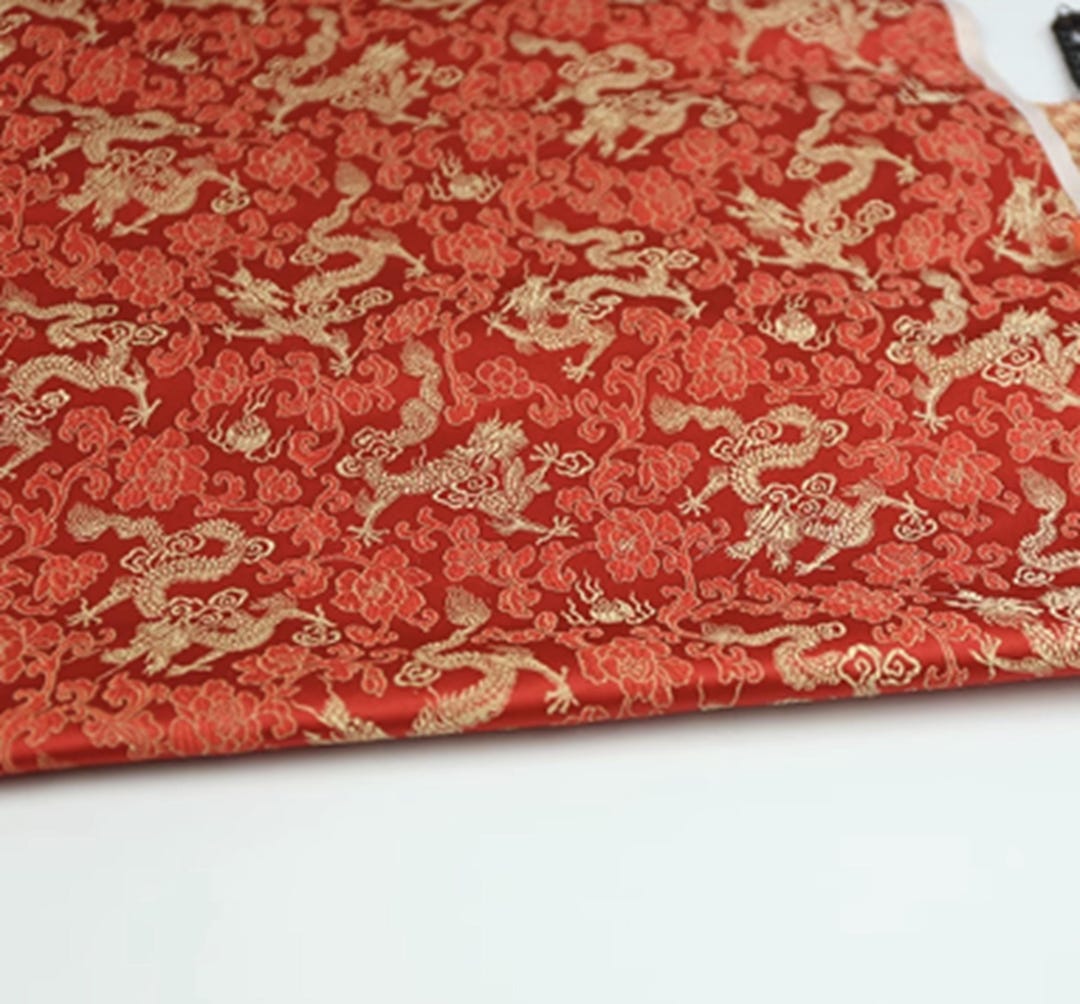 Red Gold Color Brocade Fabric With Dragon Pattern, Jacquard Fabric ...