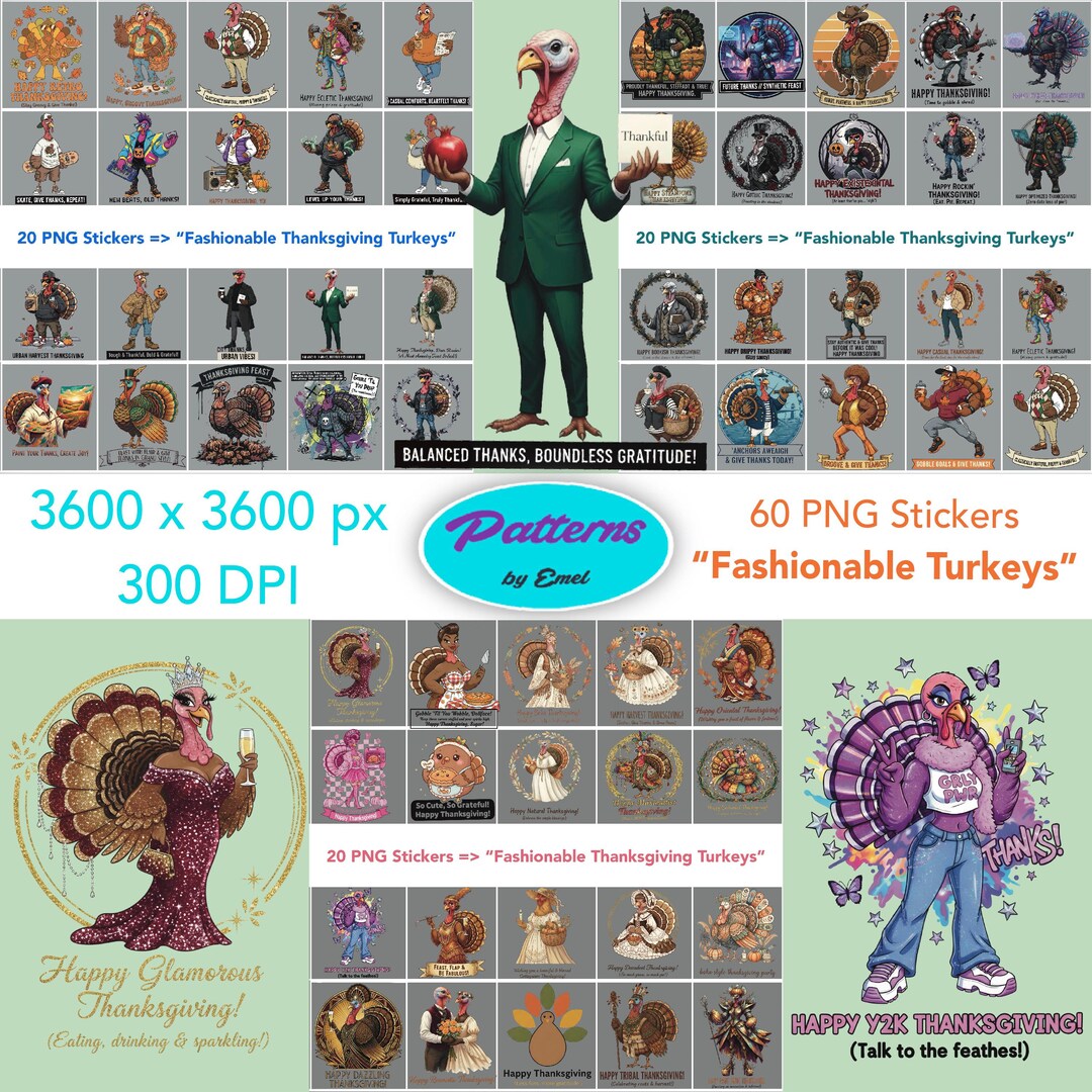 Fashionable Thanksgiving Turkeys - 60 PNG Digital Stickers Bundle - Etsy