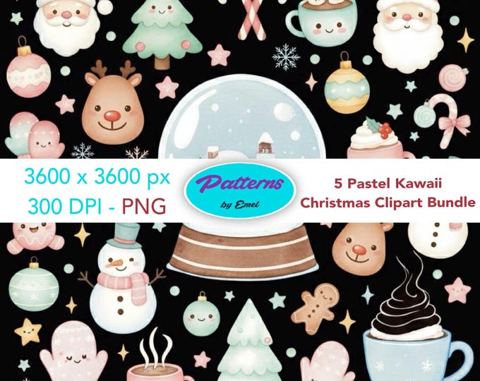 Kawaii Christmas Clipart Bundle | Watercolor PNG (digital Download ...