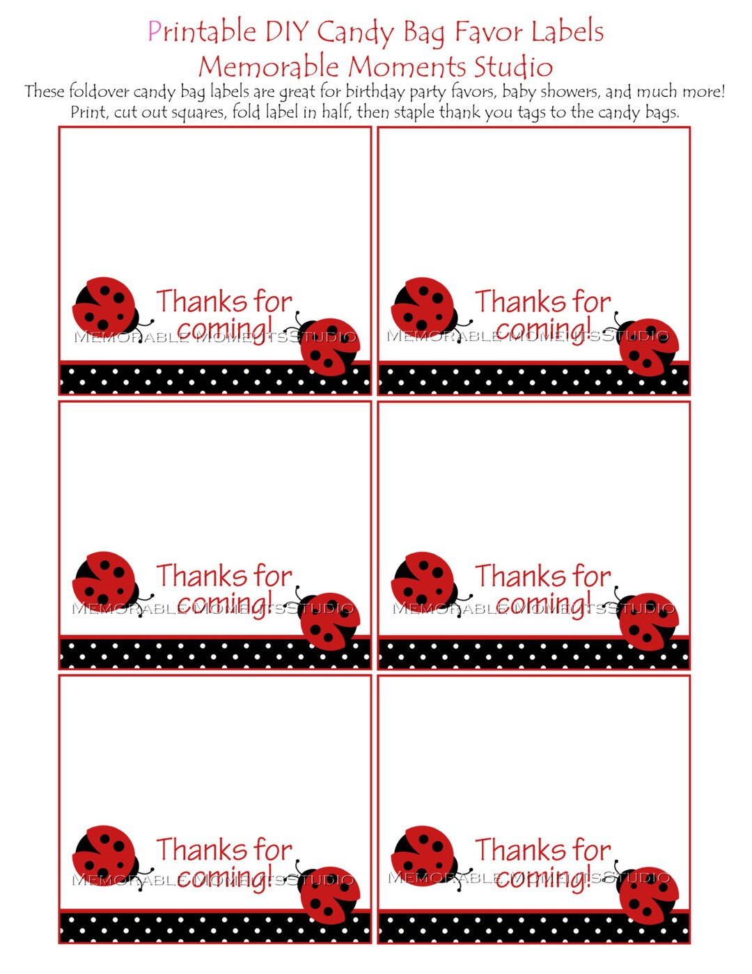 INSTANT DOWNLOAD Printable Candy Bag Labels Red and Black Ladybug ...