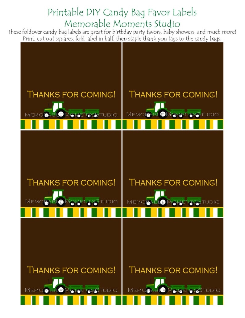 INSTANT DOWNLOAD Printable Candy Bag Labels Green Tractor Farm or ...