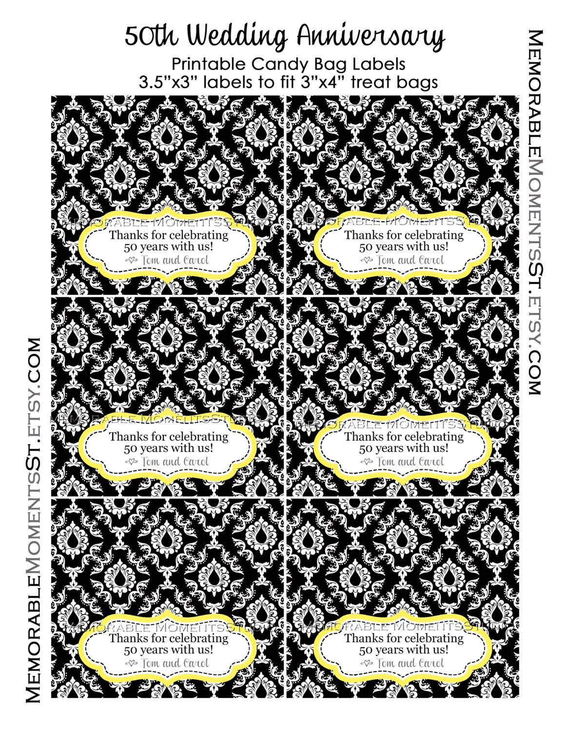 PRINTABLE CANDY BAG Labels Black and White Damask 50th Wedding | Etsy