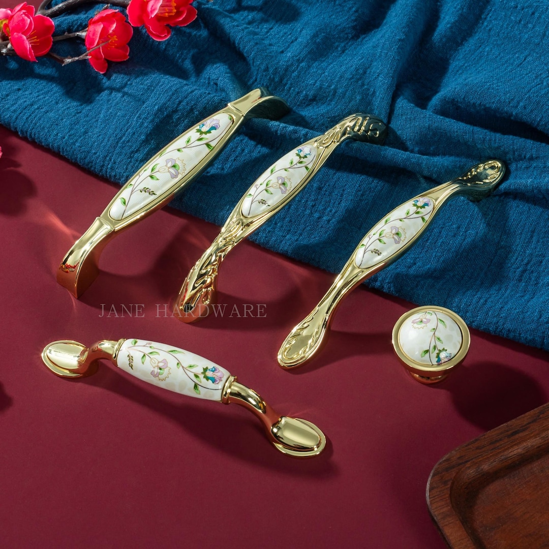 Flower Ceramic Kitchen Handles - Shiny Gold & White Purple Decorative ...