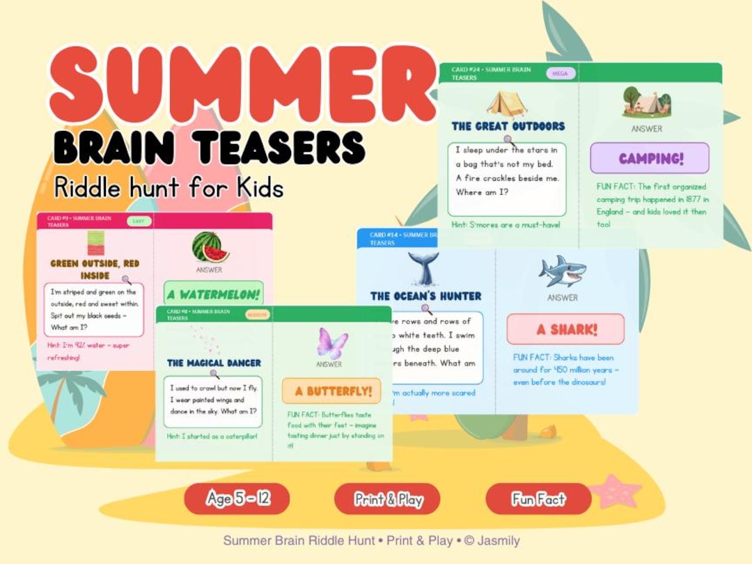 Summer Riddle Hunt Cards – Printable Brain Teasers for Kids (ages 5–12 ...