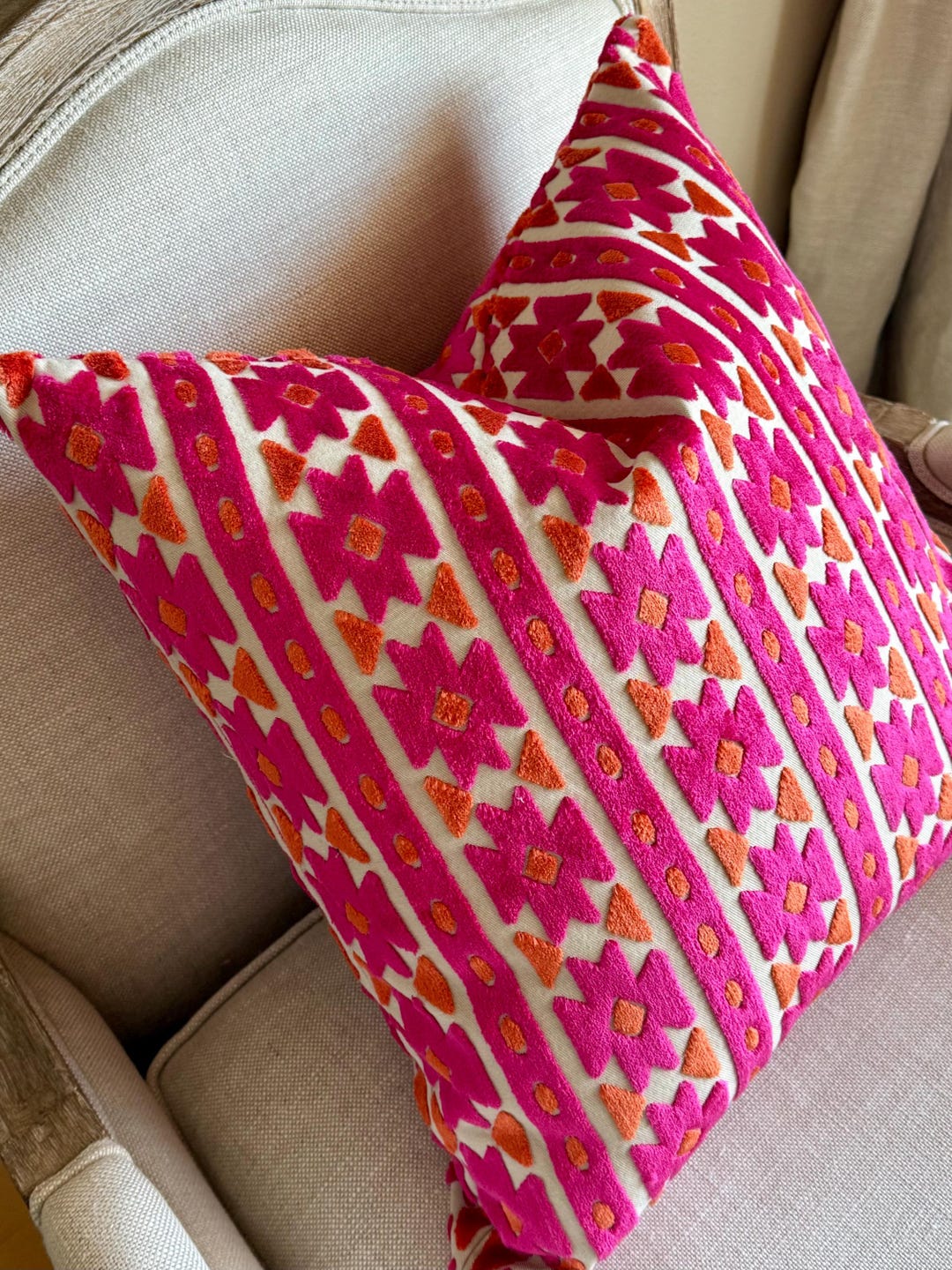 Pink Geometric Embroidered Pillow Cover | Bold Fuchsia Pink/orange ...