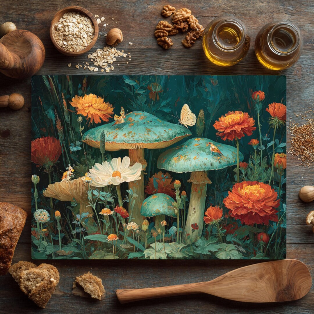 Whimsical Mushroom Forest Glass Cutting Board | Fairytale Cottagecore ...
