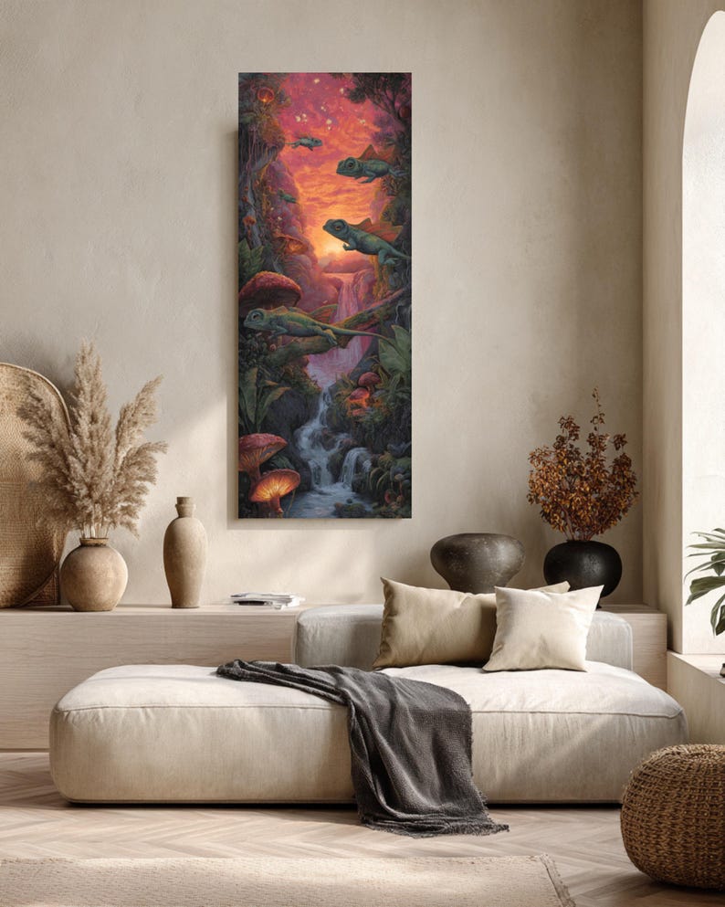 Flying Chameleons Oil Painting, Cottagecore Forest Scene, Glowing ...