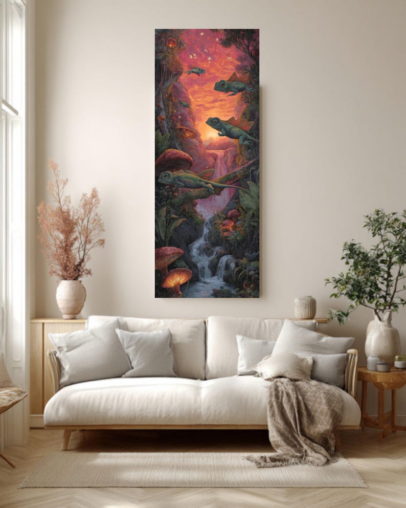 Flying Chameleons Oil Painting, Cottagecore Forest Scene, Glowing ...