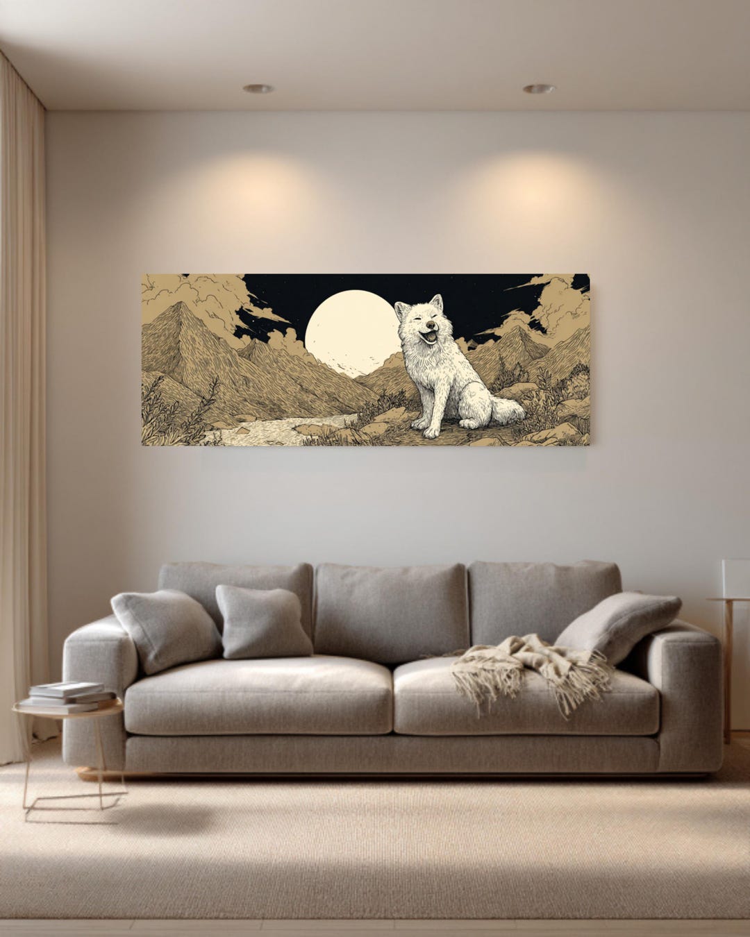 Whimsical Wolf Illustration With Full Moon, Mountain Landscape, Hand ...