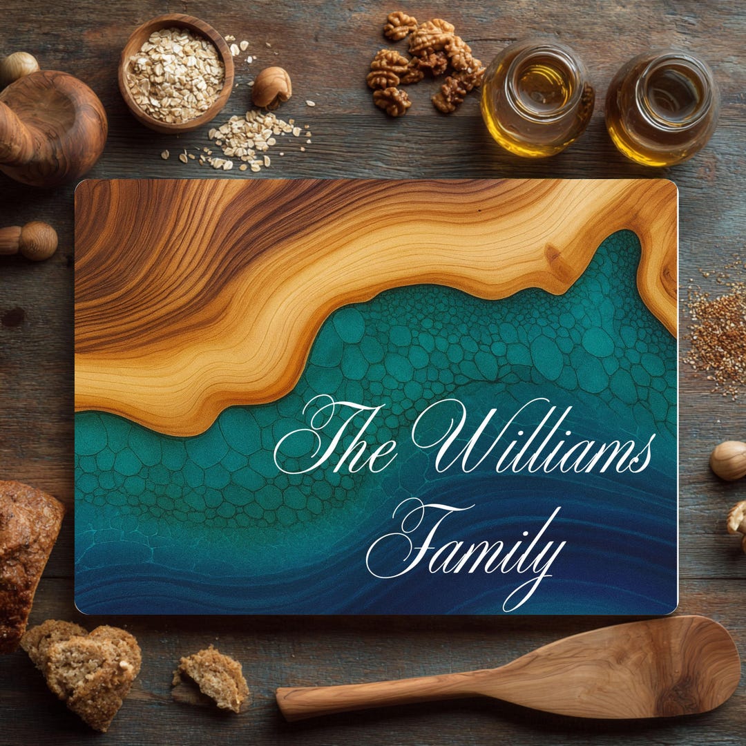 Custom Family Name Glass Cutting Board, Abstract Wood Design, Family ...