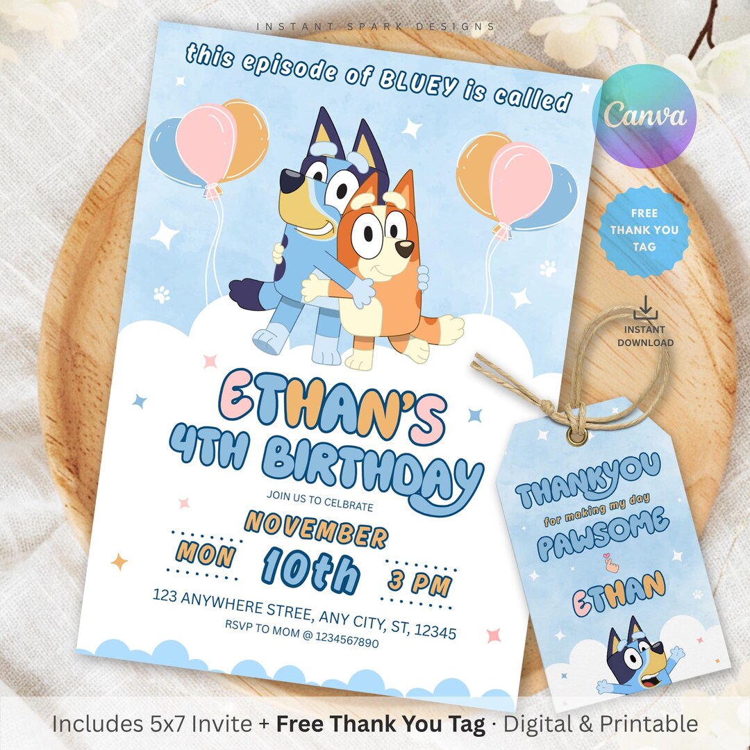 Bluey Birthday Invitation Template With Thank You Tag (digital Download ...