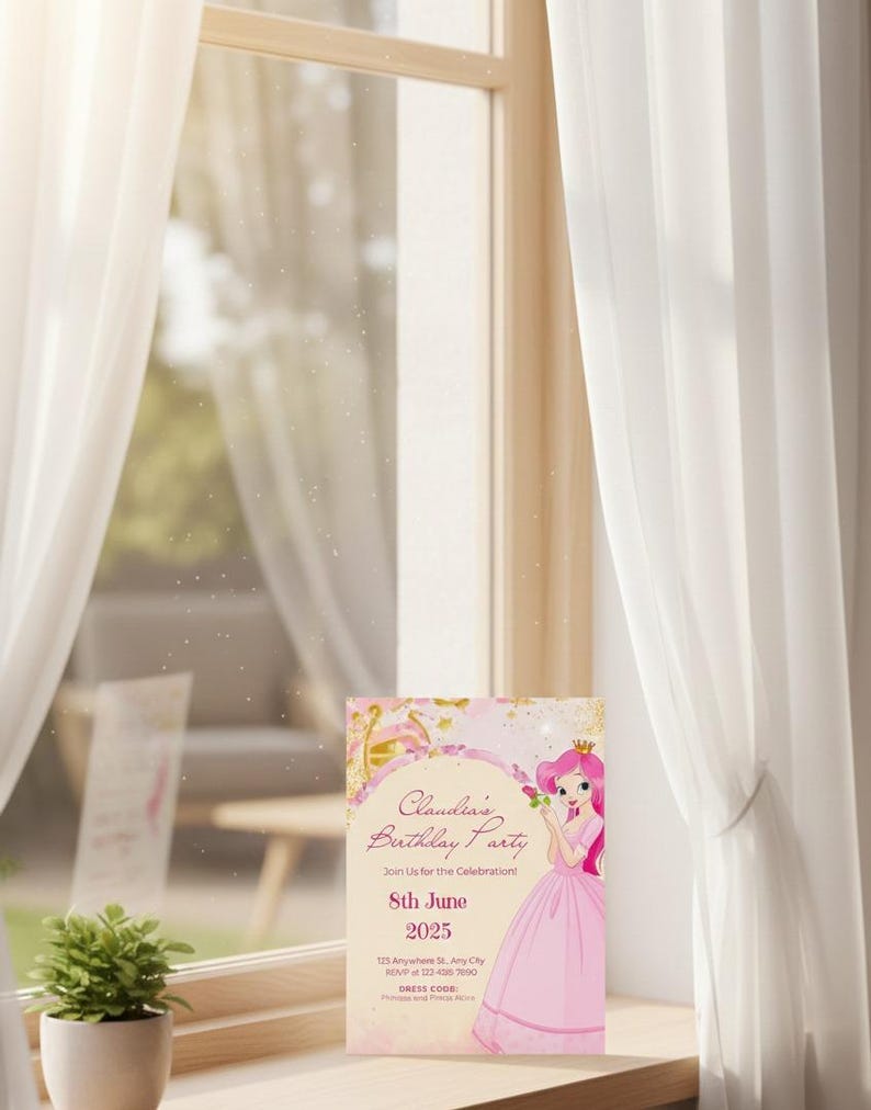 Princess Birthday Party Invitation, Pink Dress, Canva Template (instant ...