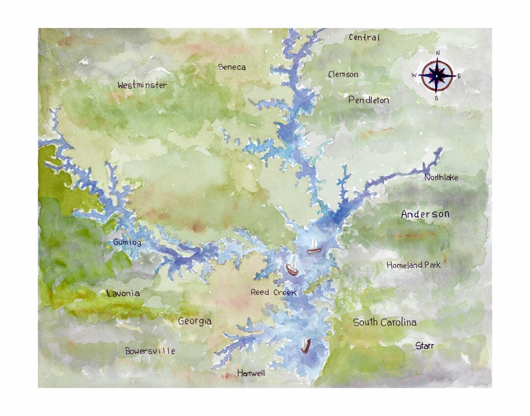 Lake Hartwell Map Watercolor Print - Etsy