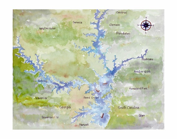 Lake Hartwell Map Watercolor Print - Etsy