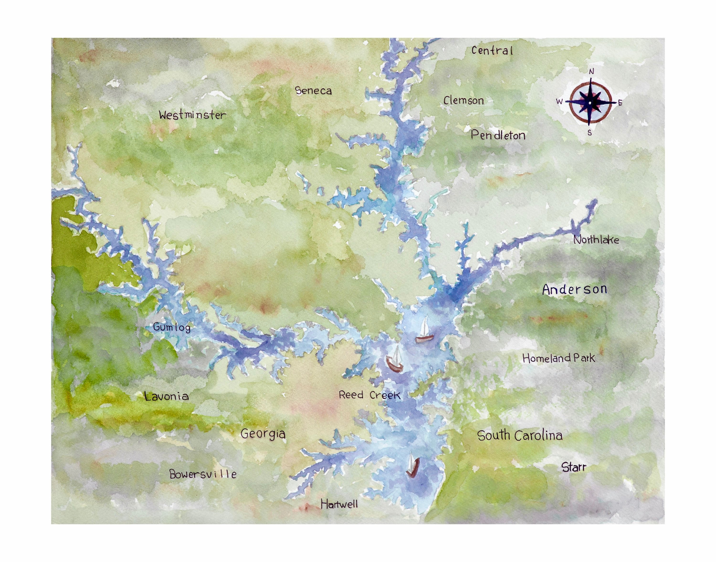 Lake Hartwell Map Watercolor Print - Etsy
