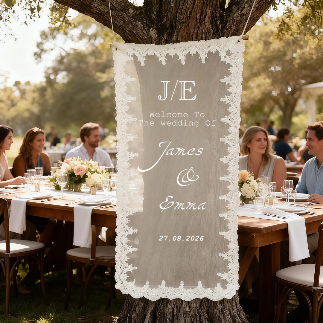 Personalized Lace Wedding Welcome Sign: Modern Laced Sheer Wedding ...