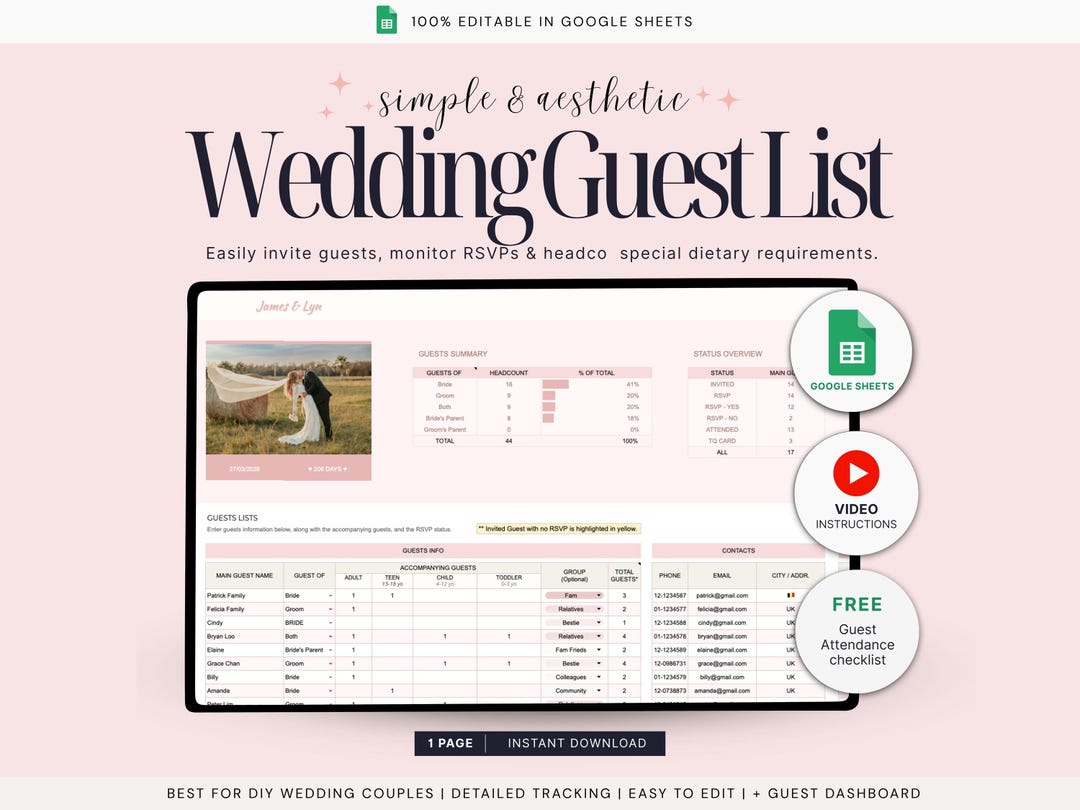 Wedding Spreadsheets With Guest List, Guest Summary Dashboard, RSVP ...