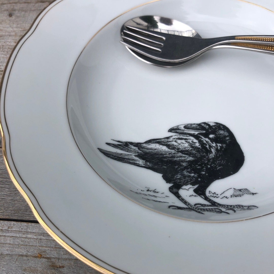 Plate "raven", Porcelain With Goldrim, 24cm, Handmade Silkscreen Print ...