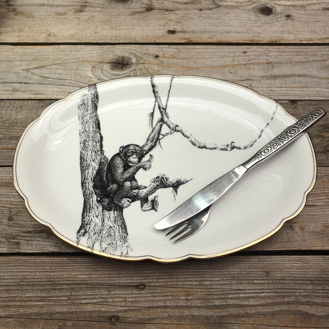 Platter "monkey", Vintage Porcelain With Goldrim and Handprinted ...