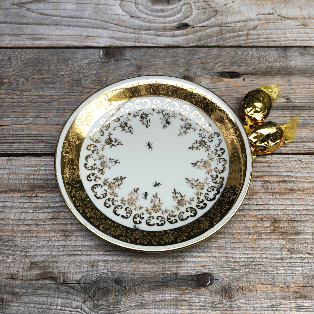 Ant Plate, Vintage Porcelain With Gold Rim and Hand-printed Insects ...