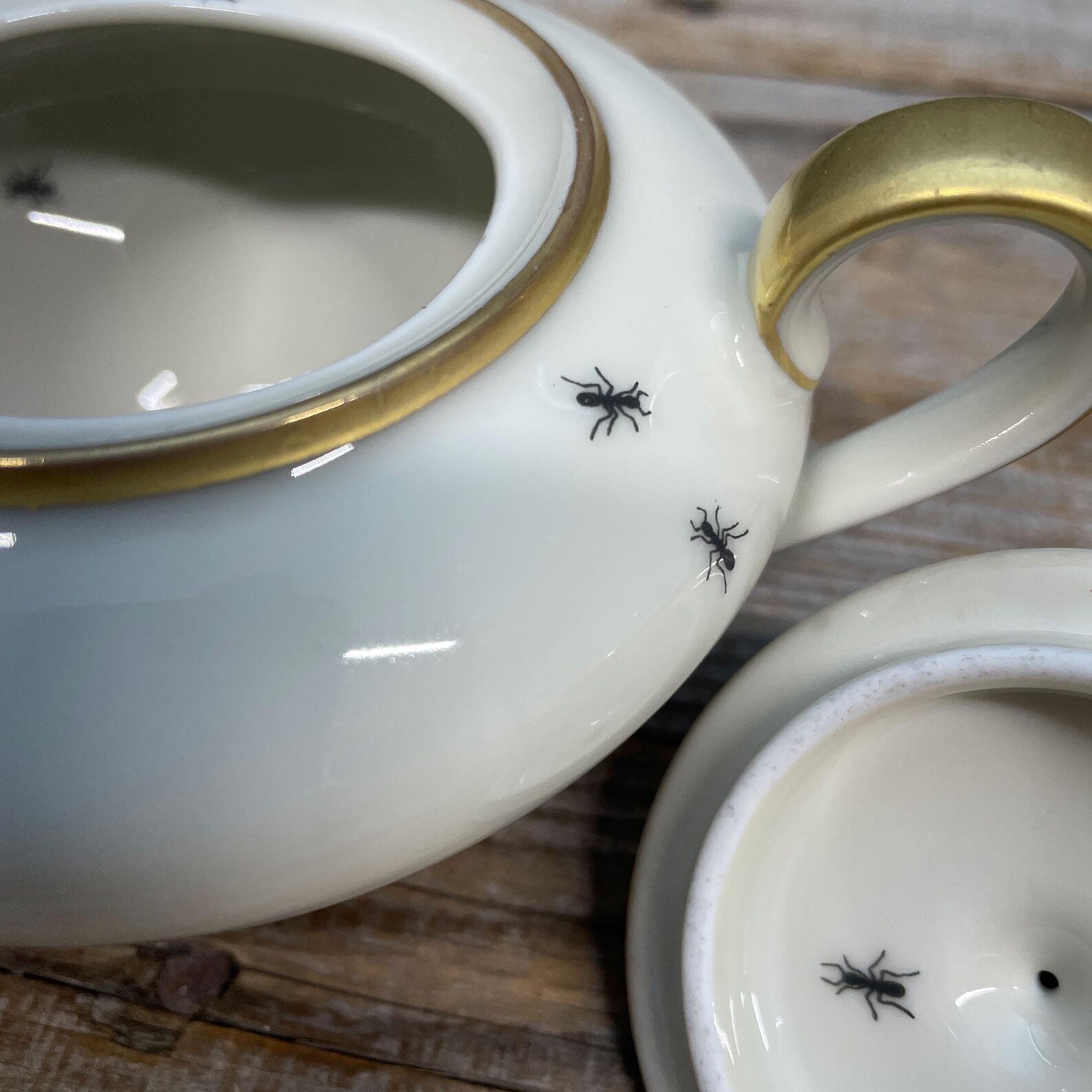 Sugar Bowl "ants", Vintage Porcelain With Gold Rim and Handmade Motifs ...