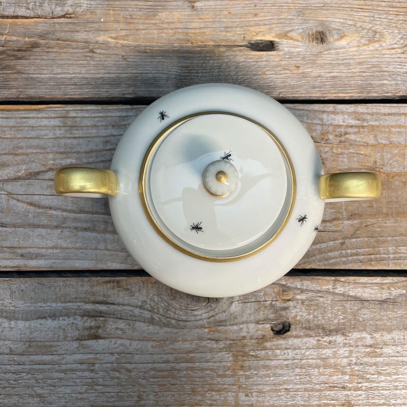 Sugar Bowl "ants", Vintage Porcelain With Gold Rim and Handmade Motifs ...