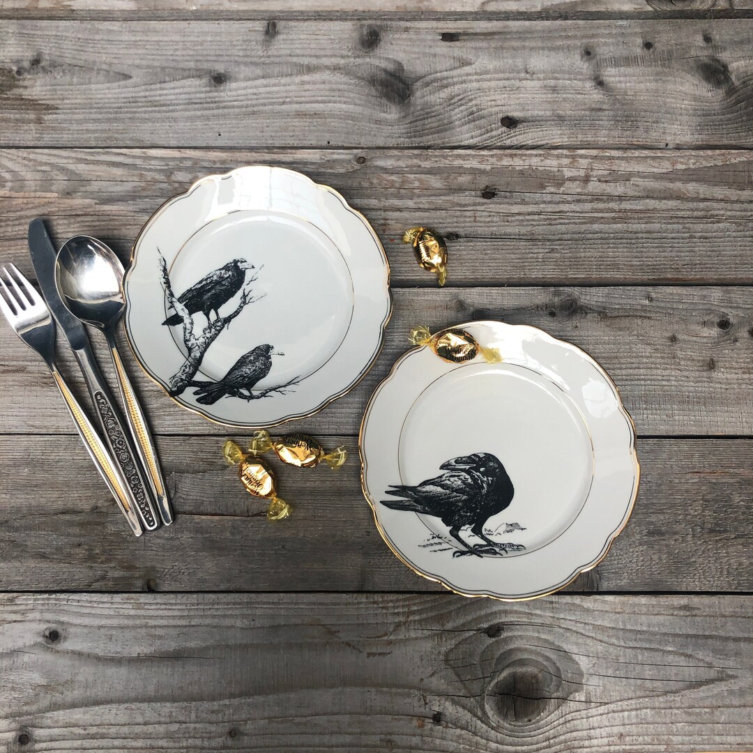 Ravens and Crows Plates (2 Pcs) 19cm, Porcelain With Goldrim and ...