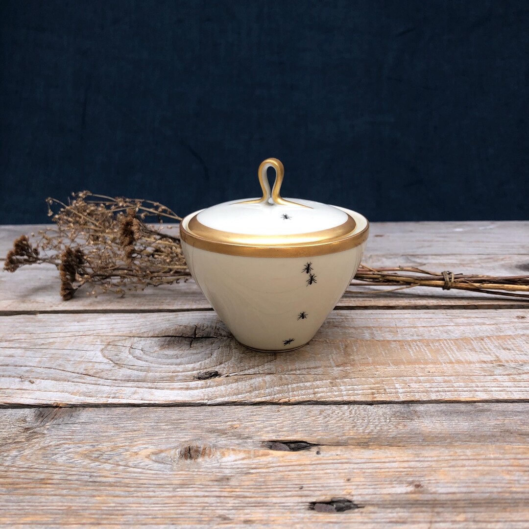 Sugar Bowl "ants", Vintage Porcelain With Gold Rim, Handmade Motifs ...
