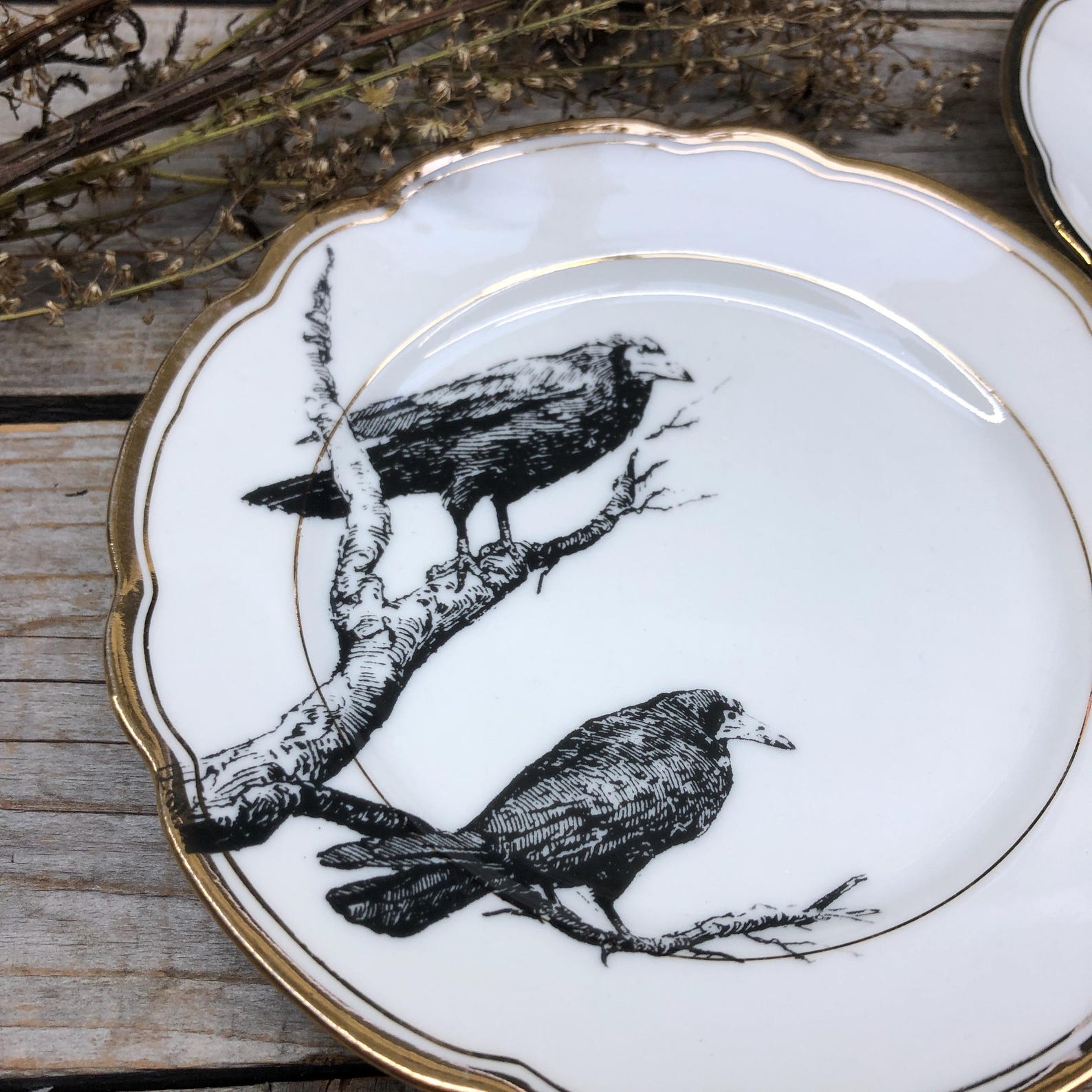 Plate-set "ravens and Crows", 15cm, Porcelain With Goldrim and Handmade ...