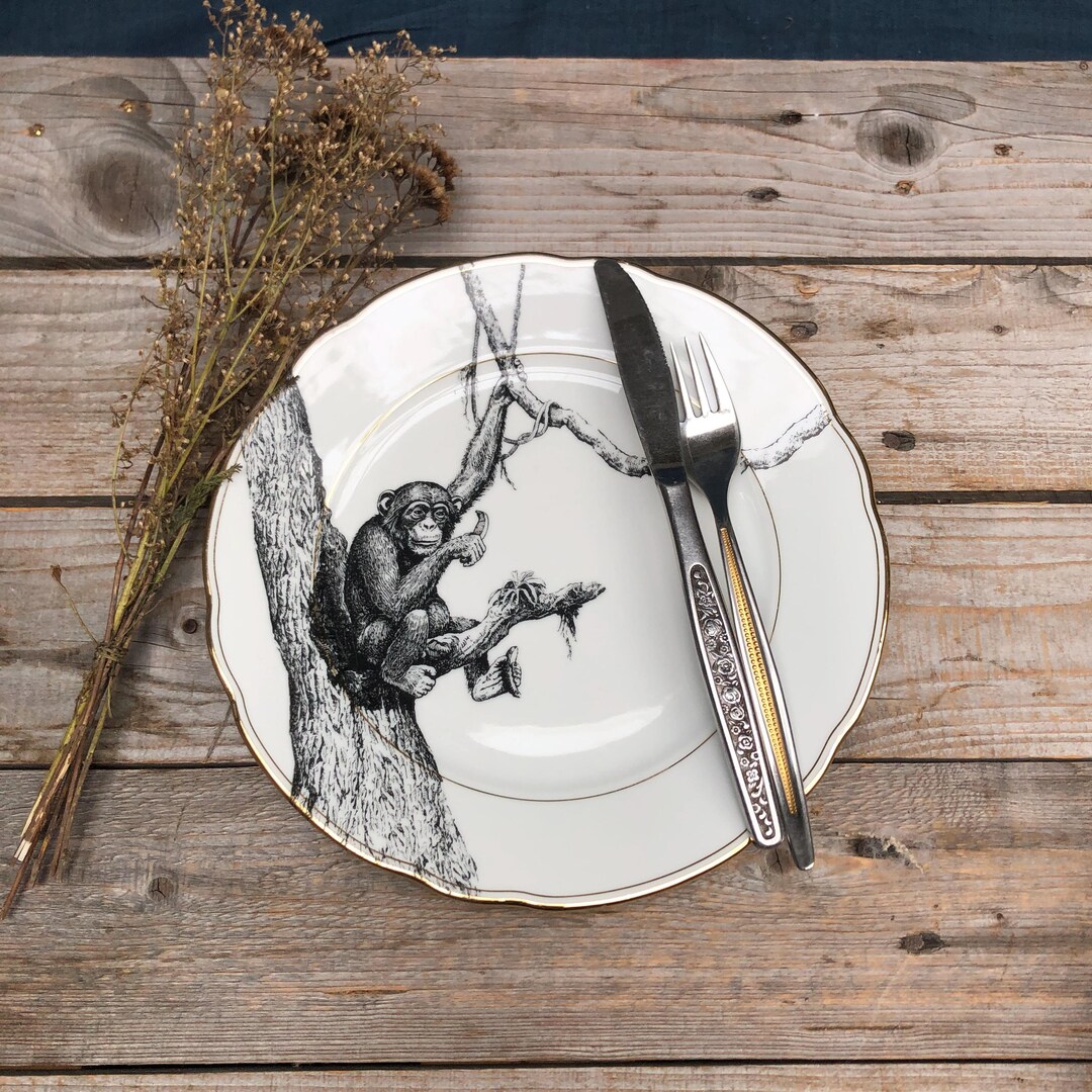 Monkey Plate, Flat, ø 24 Cm, Hand-printed Vintage Porcelain With Gold ...