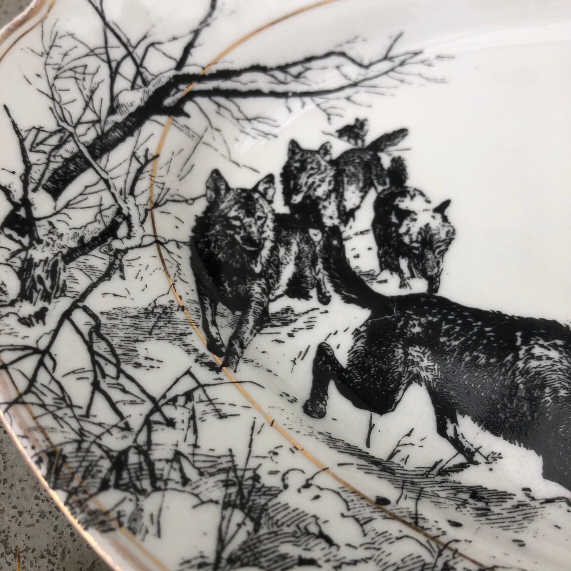Wolves Plate, Approx. 30 X 20 Cm Vintage Porcelain With Gold Rim & Hand ...