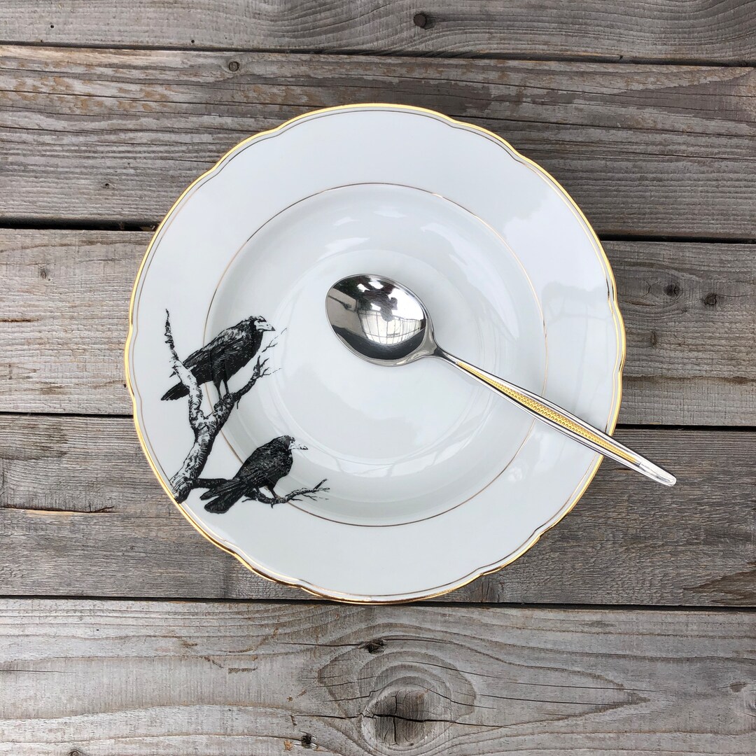 Plate "crows", Porcelain With Goldrim, 24cm, Handmade Silkscreen Print ...