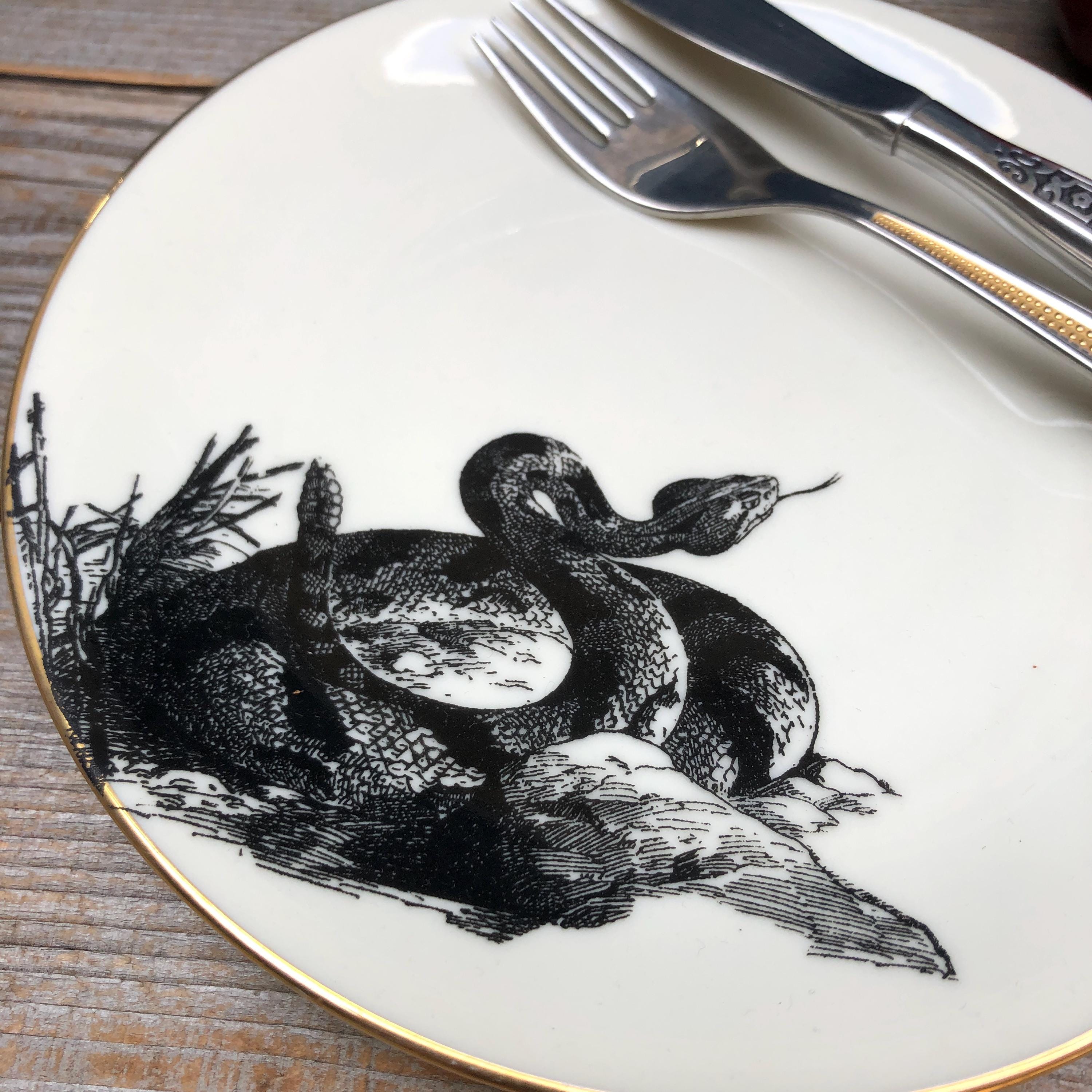 Porcelainplate "snake", 20cm, Vintage With Goldrim and Handmade Print ...