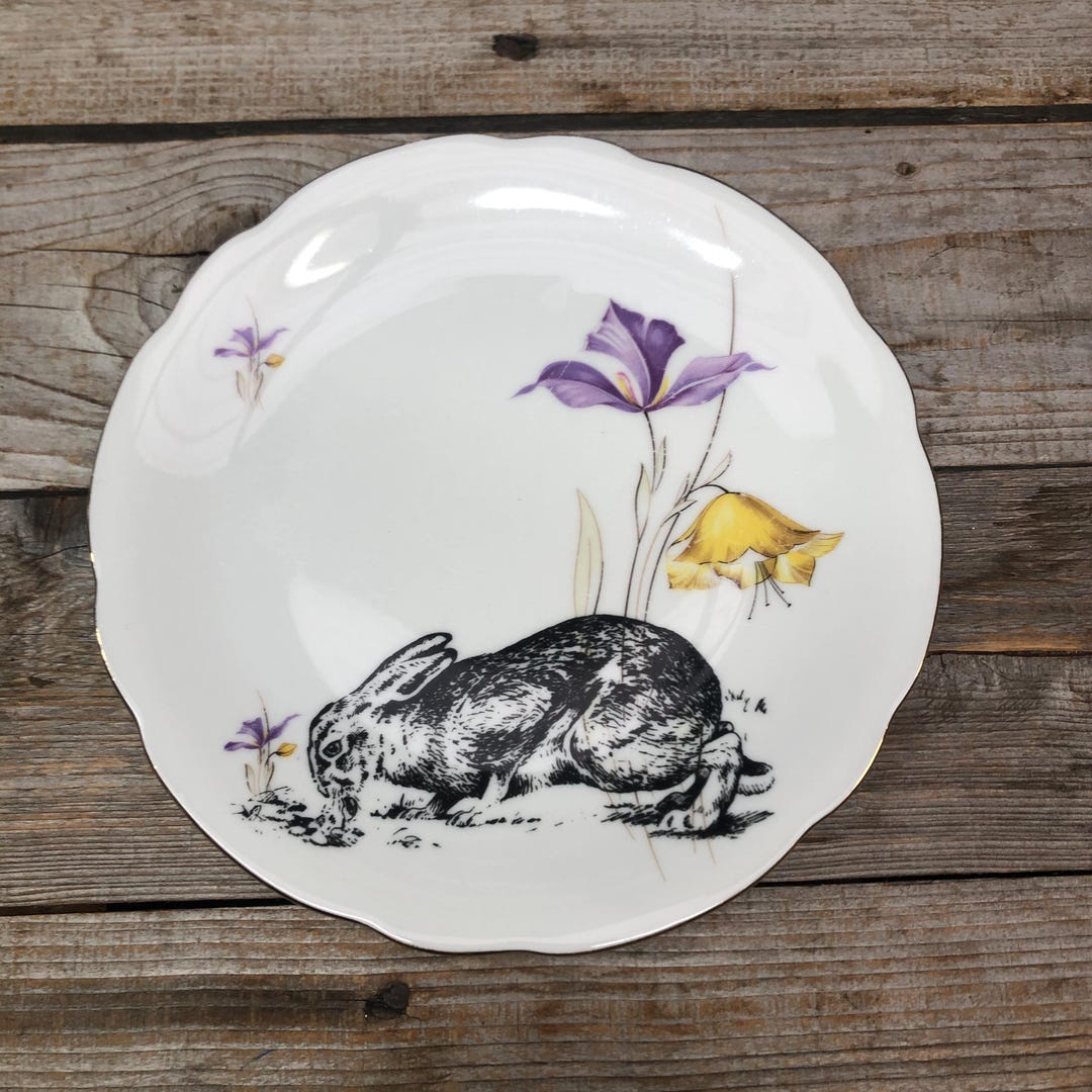 Rabbit-plate, Vintage Porcelain With Purple-yellow Floraldecor ...