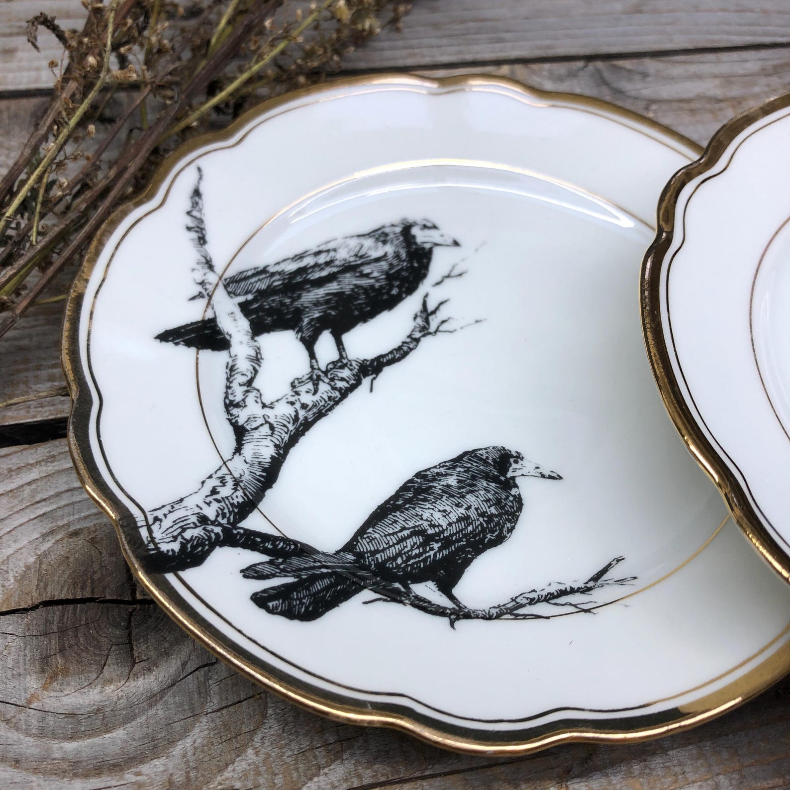 Plate-set "ravens and Crows", 15cm, Porcelain With Goldrim and Handmade ...
