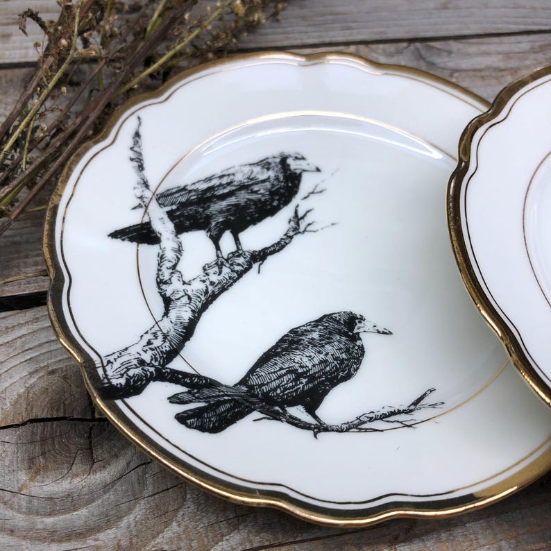 Plate-set "ravens and Crows", 15cm, Porcelain With Goldrim and Handmade ...