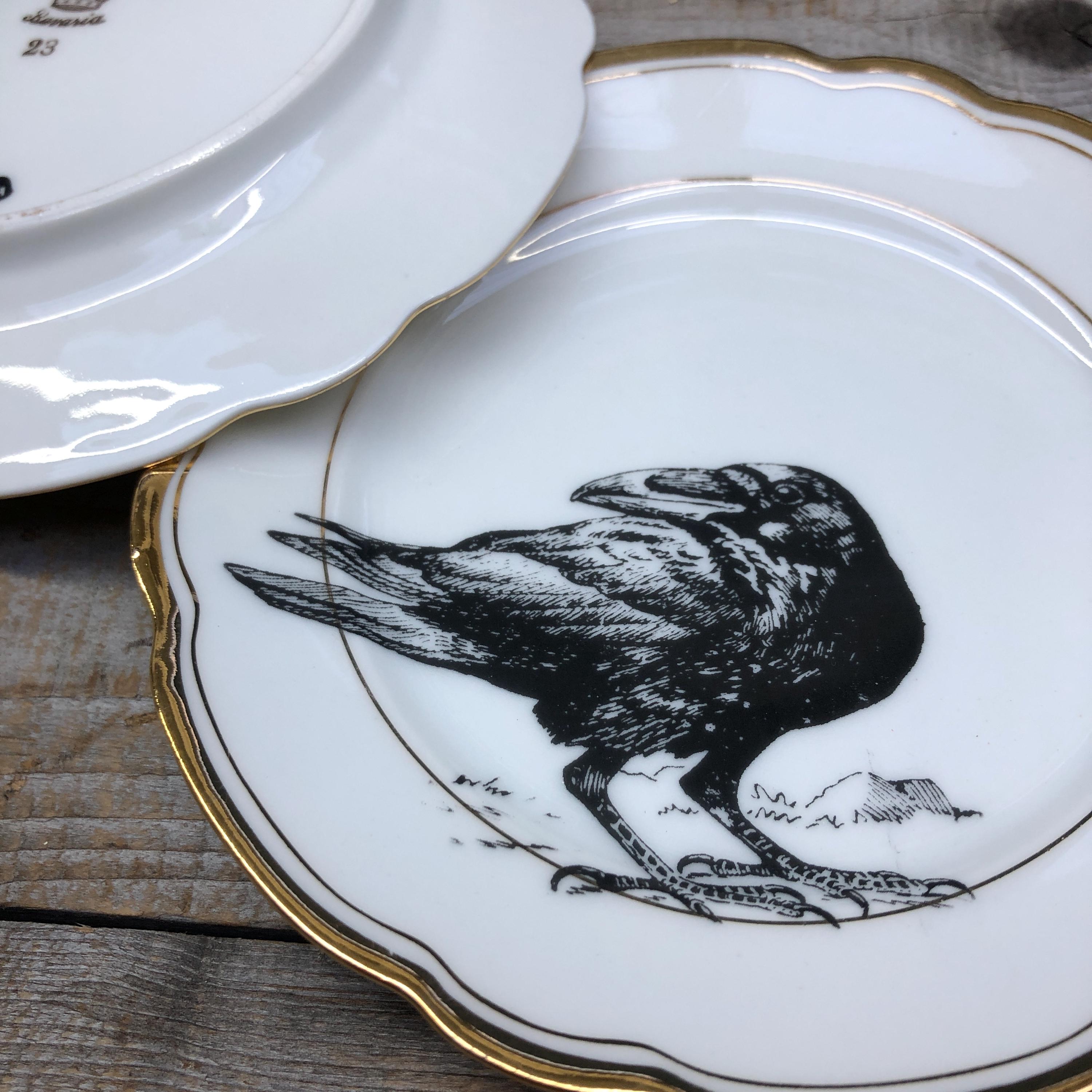 Plate-set "ravens and Crows", 15cm, Porcelain With Goldrim and Handmade ...