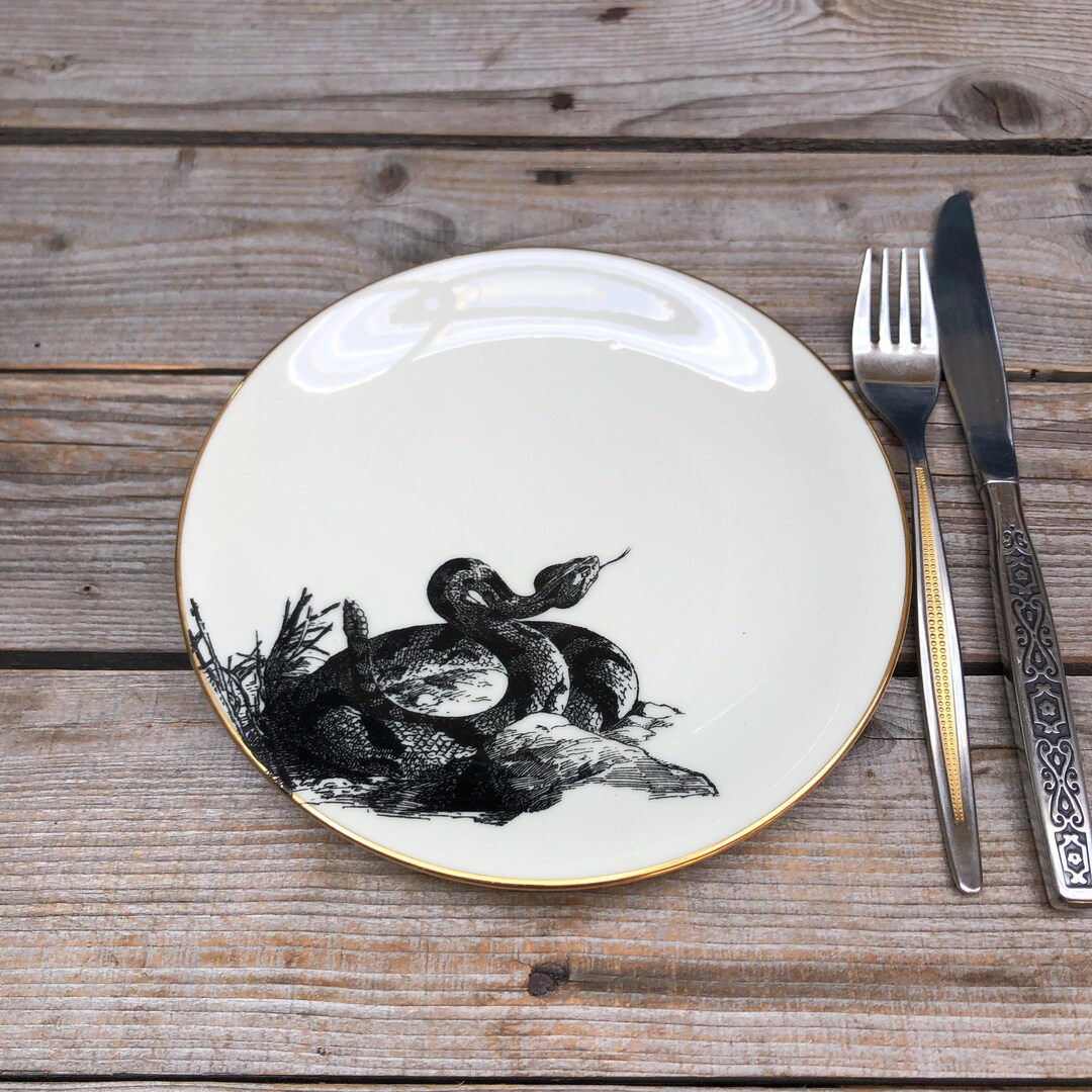 Porcelainplate "snake", 20cm, Vintage With Goldrim and Handmade Print ...