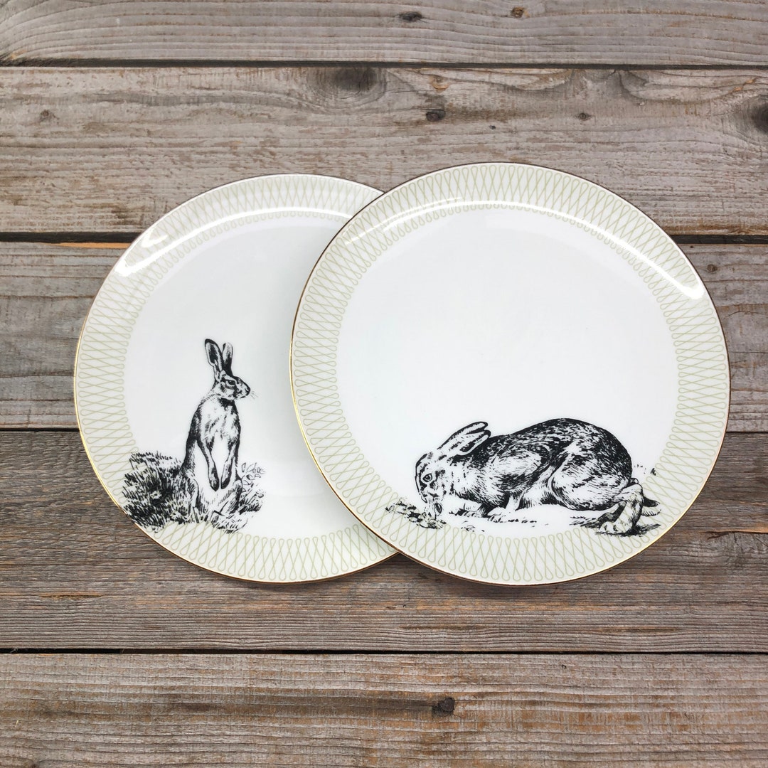 Rabbit Plates, 2 Pieces of Hand-printed Vintage Tableware, ø Approx. 19 ...