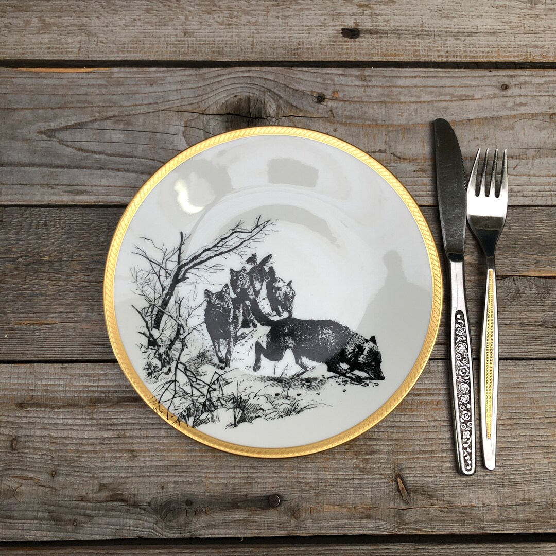 Porcelain Plate wolves, ø Approx. 20 Cm, Hand-printed Vintage Porcelain ...