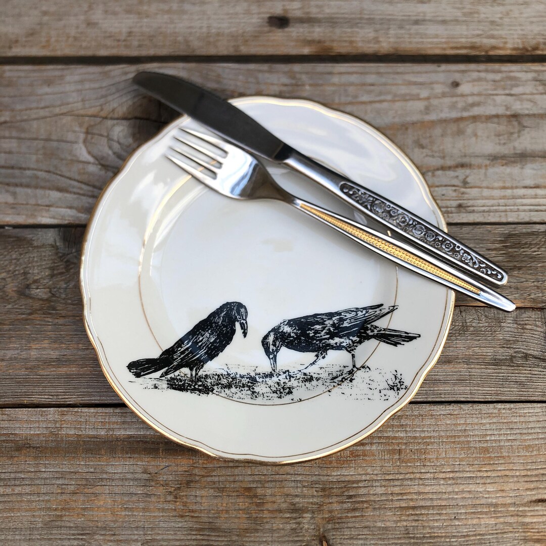 Raven and Crows Plate, 19cm, Porcelain With Goldrim and Handmade ...