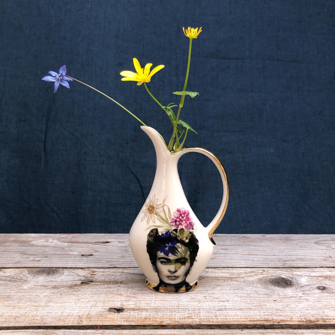 Frida Kahlo Vase, Vintageporcelain Jug With Floral Decor and Handmade ...