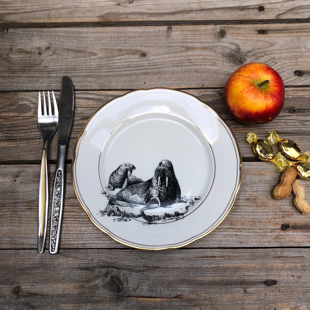 Walrus-plate, Handprinted Motiv on White Porcelainplate With Goldrim ...
