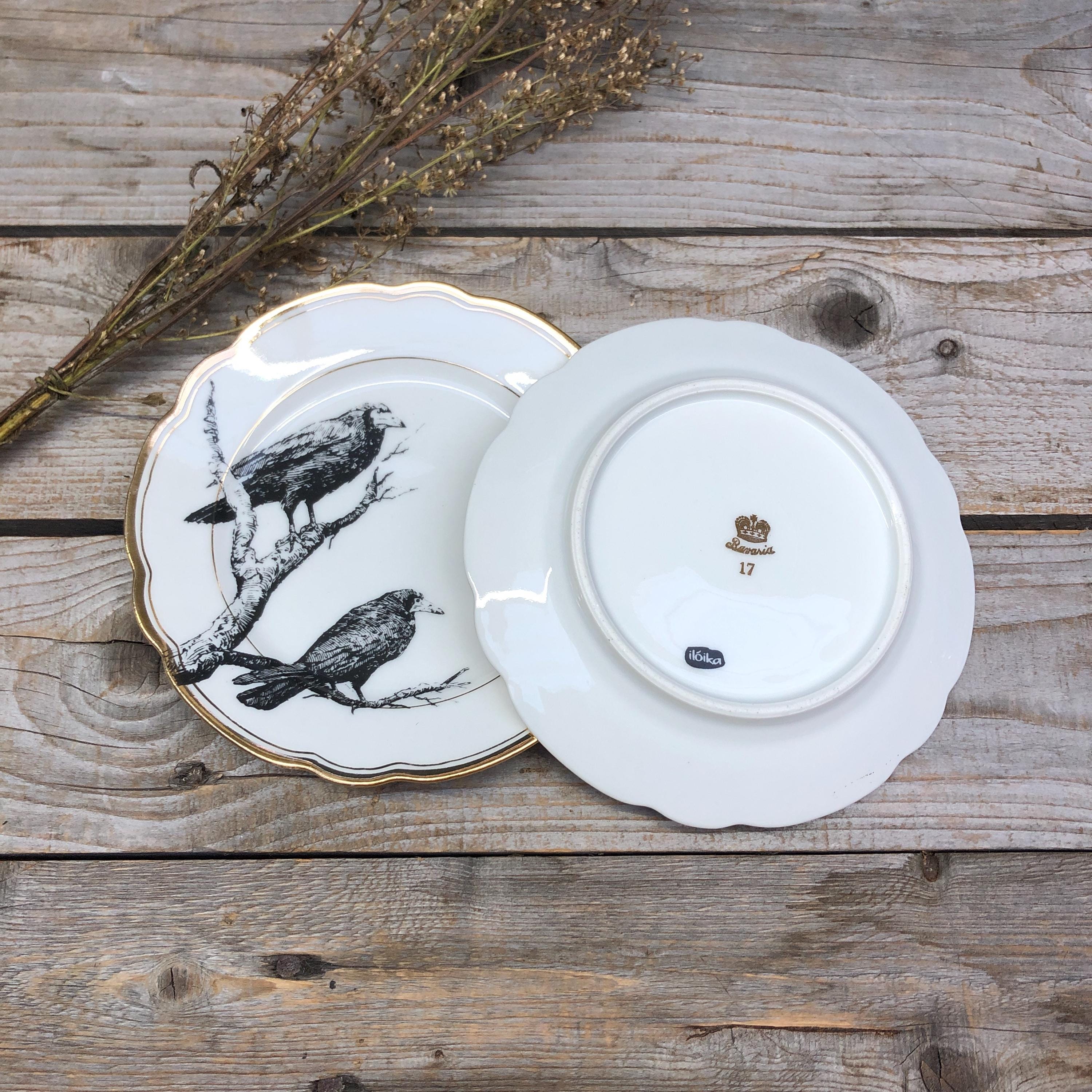 Plate-set "ravens and Crows", 15cm, Porcelain With Goldrim and Handmade ...