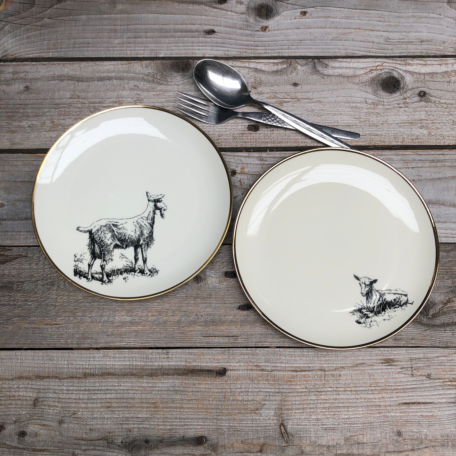Goat Plates, 2 Pieces in a Set, Hand-printed Vintage Porcelain With ...