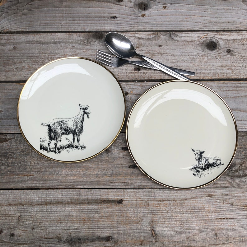 Goat Plates, 2 Pieces in a Set, Hand-printed Vintage Porcelain With ...
