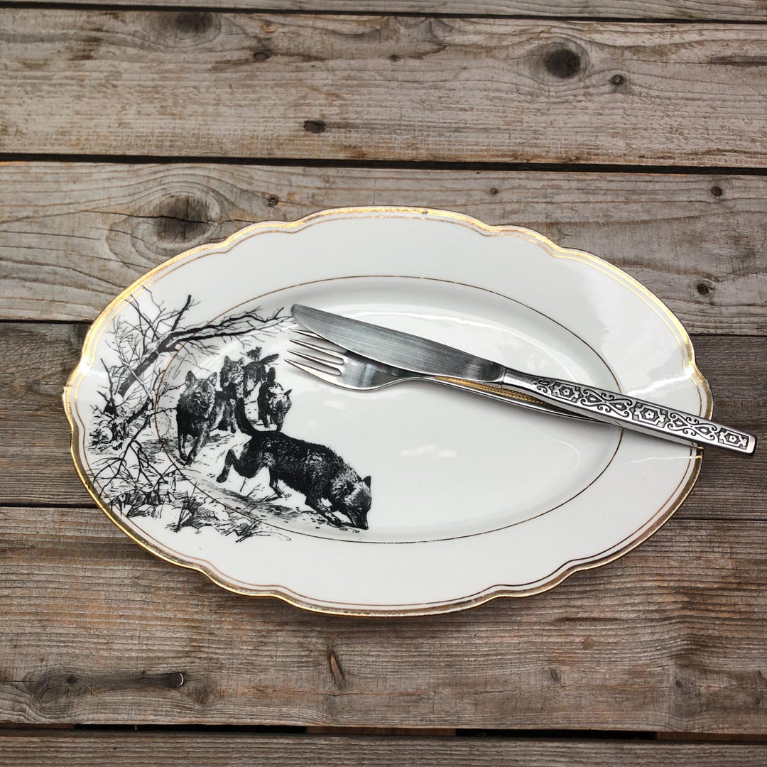 Wolves Plate, Approx. 30 X 20 Cm Vintage Porcelain With Gold Rim & Hand ...