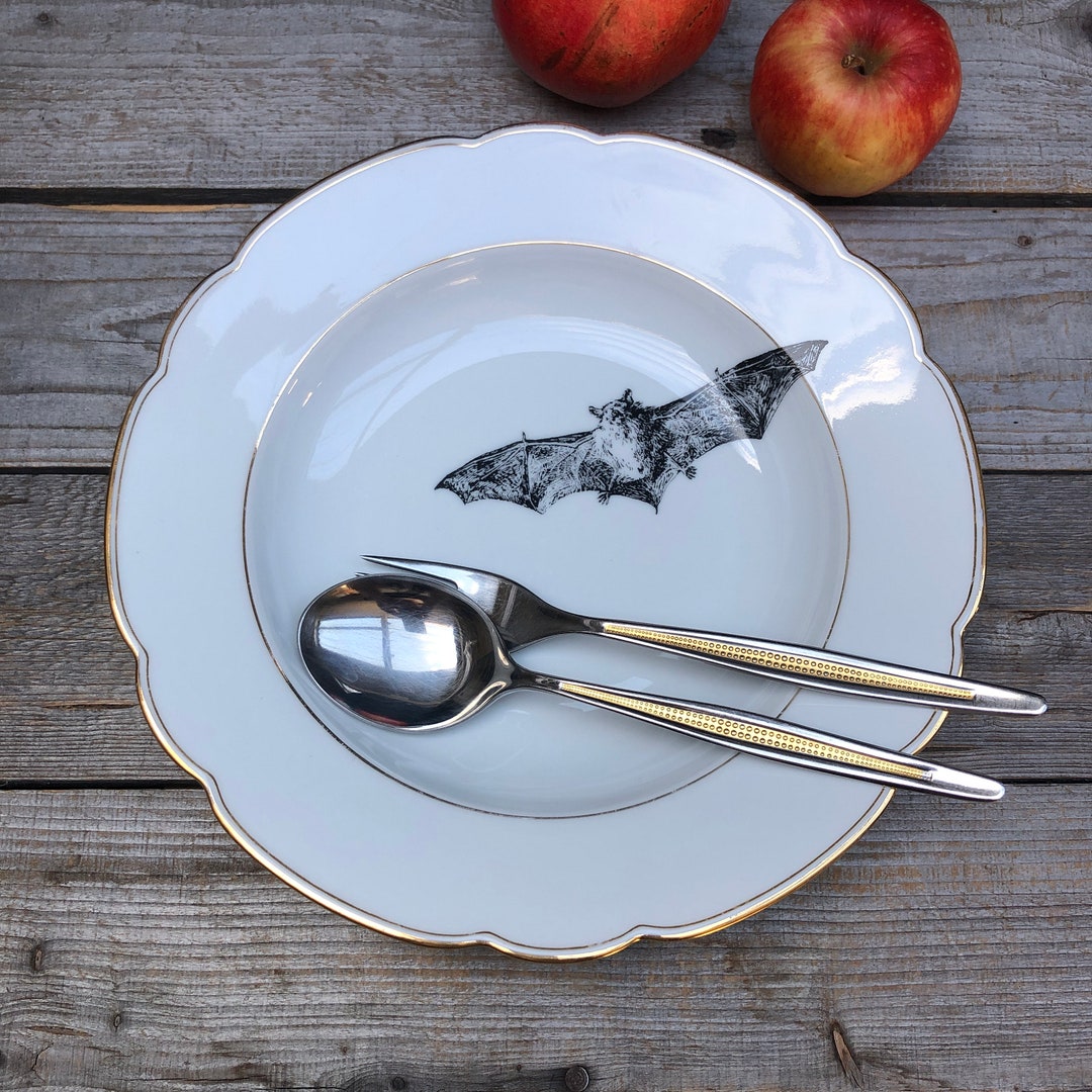 Pasta Plate "vampire Bat", Porcelain With Gold Rim and Hand-printed ...